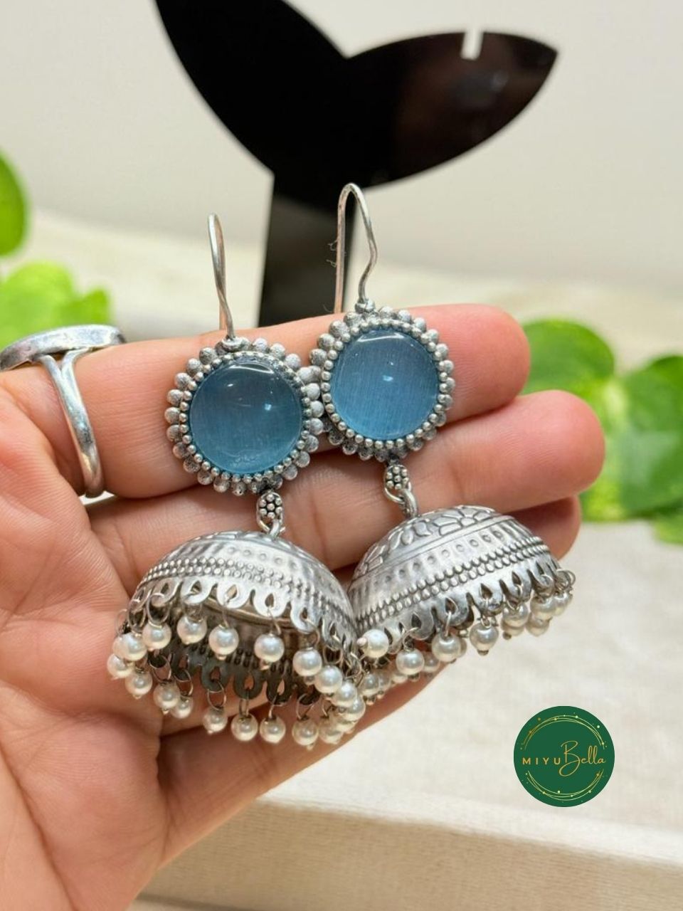 Gunjan – Silver Finish Jhumkas with Pearls and Stones – Miyubella